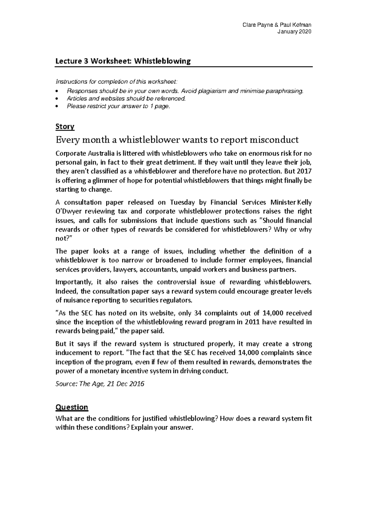 2020 Lecture 3 Whistleblowing Worksheet - Clare Payne & Paul Kofman ...