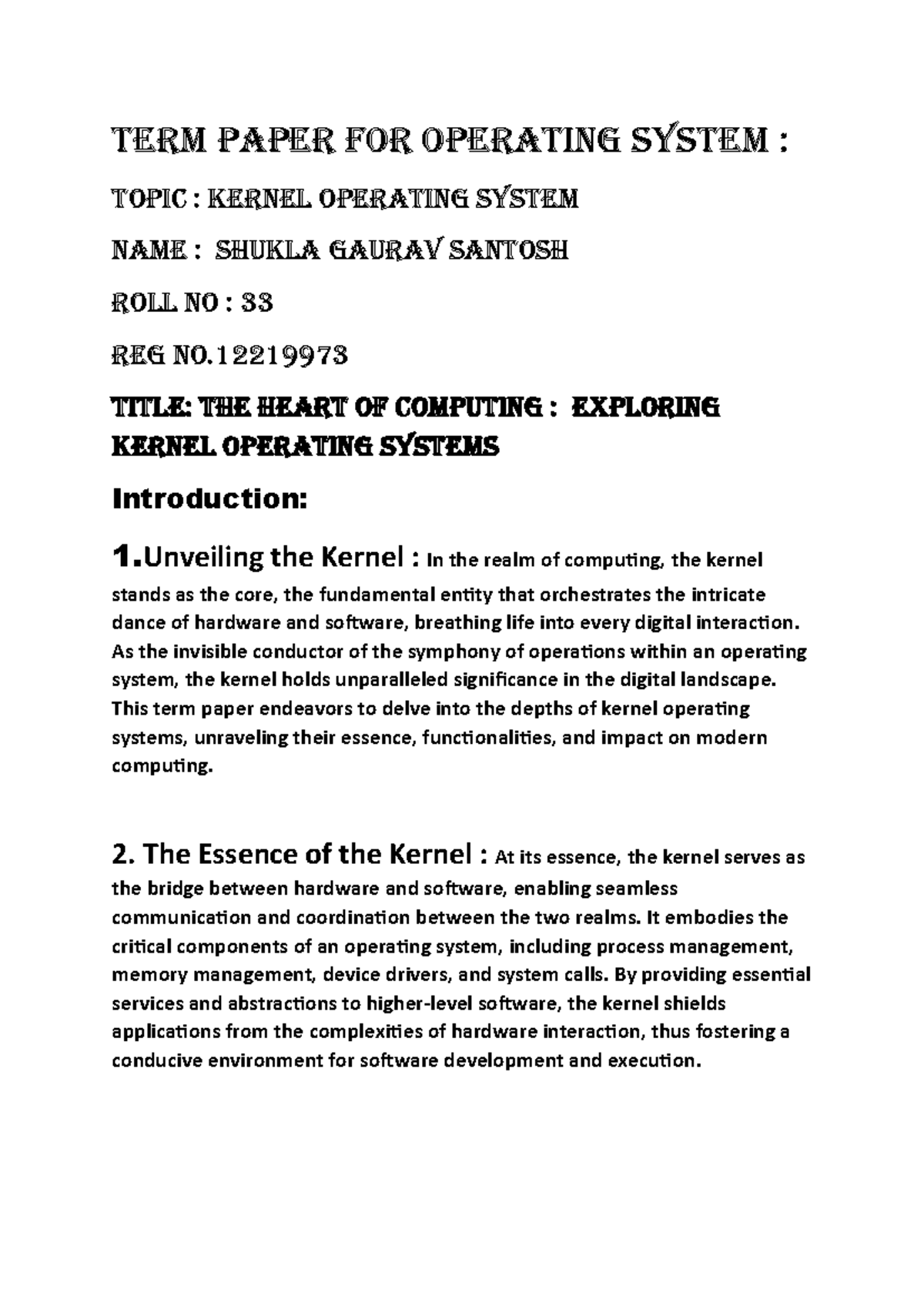 Termpaperforoperatingsystem - TERM PAPER FOR OPERATING SYSTEM : TOPIc ...