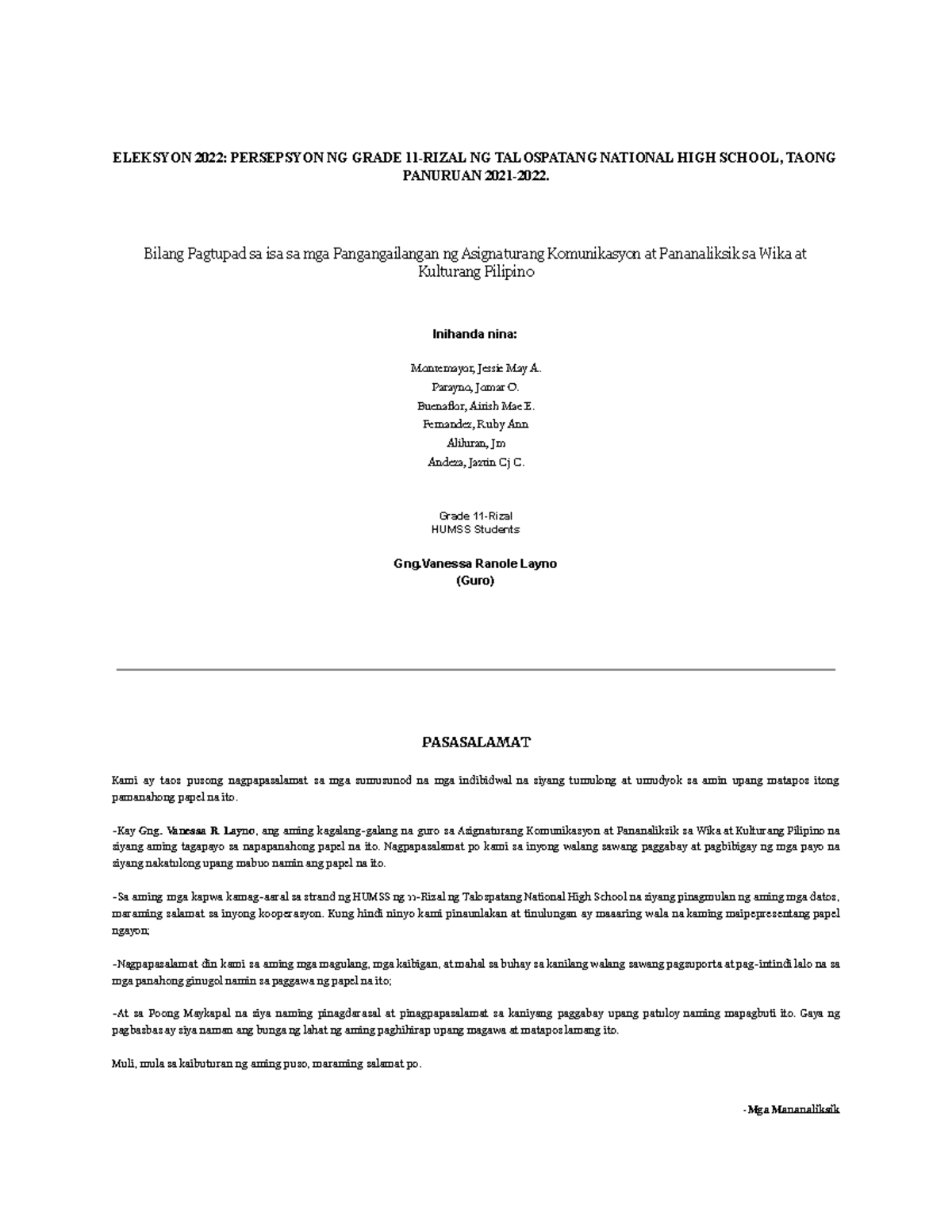 Eleksyon 2022- Persepsyon NG MGA MAG- Aaral NG Grade 11- Rizal NG Talospatang National HIGH ...