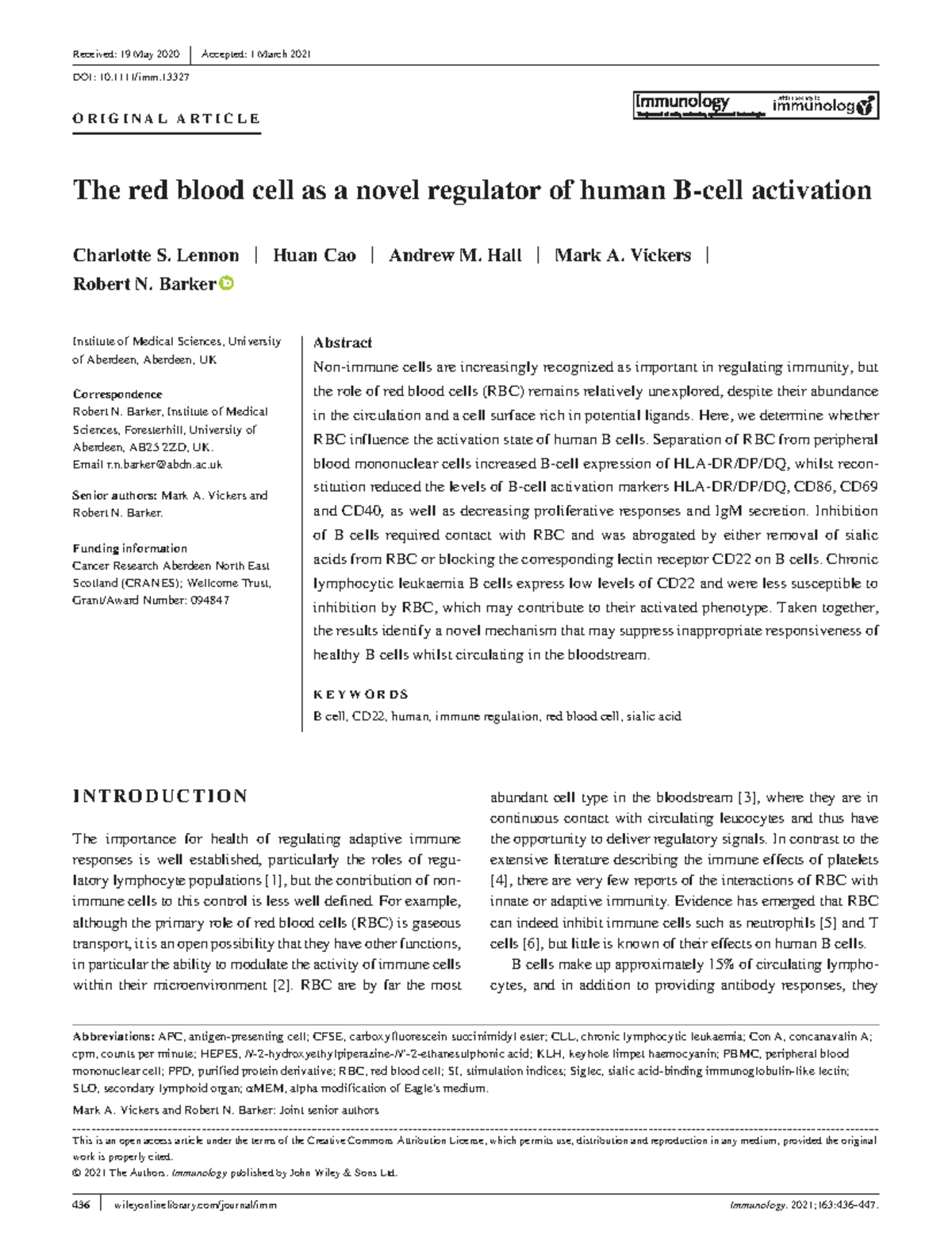 The red blood cell as a novel regulator of human B‐cell activation ...