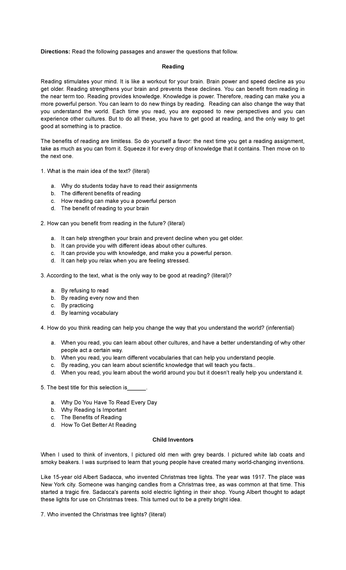 Reading Comprehension Test - Directions: Read the following passages ...