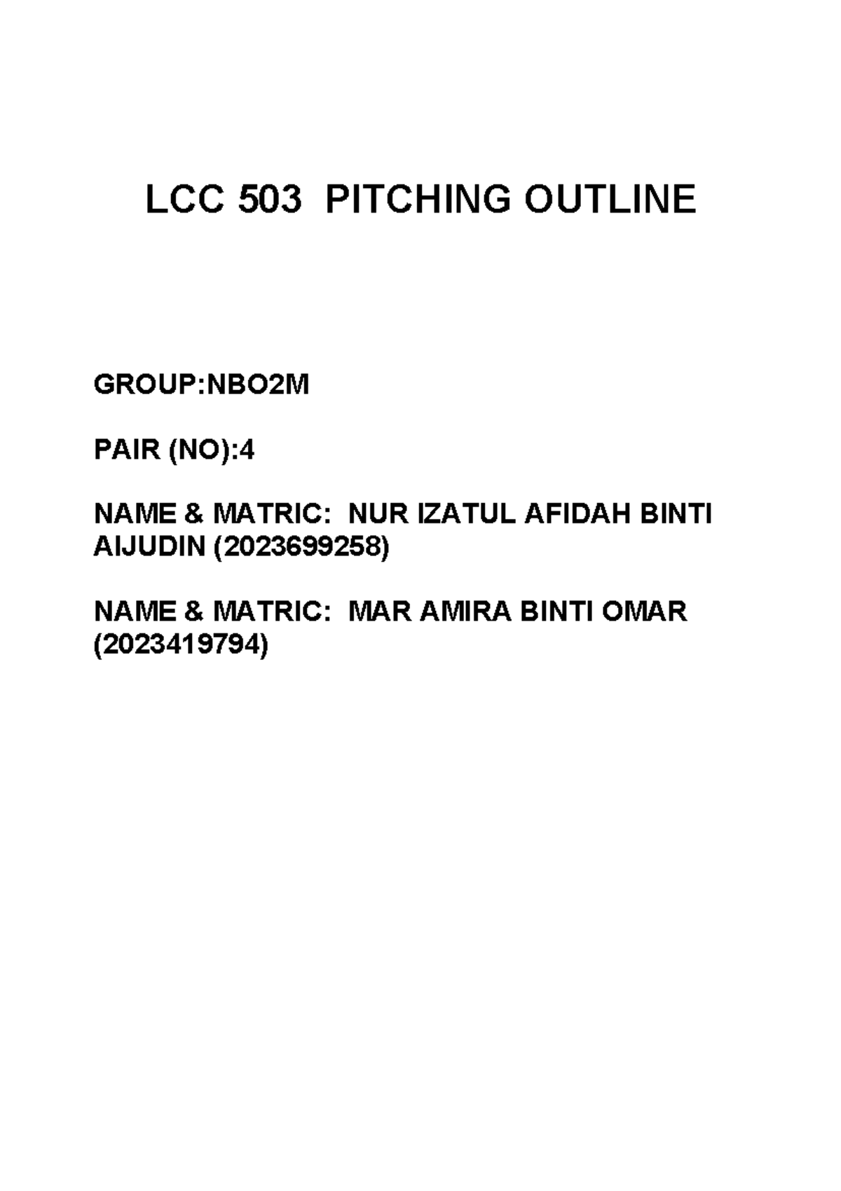 LCC503 Business Pitch Outline PAIR NO 4 - LCC 503 PITCHING OUTLINE GROUP:NBO2M PAIR (NO): NAME ...