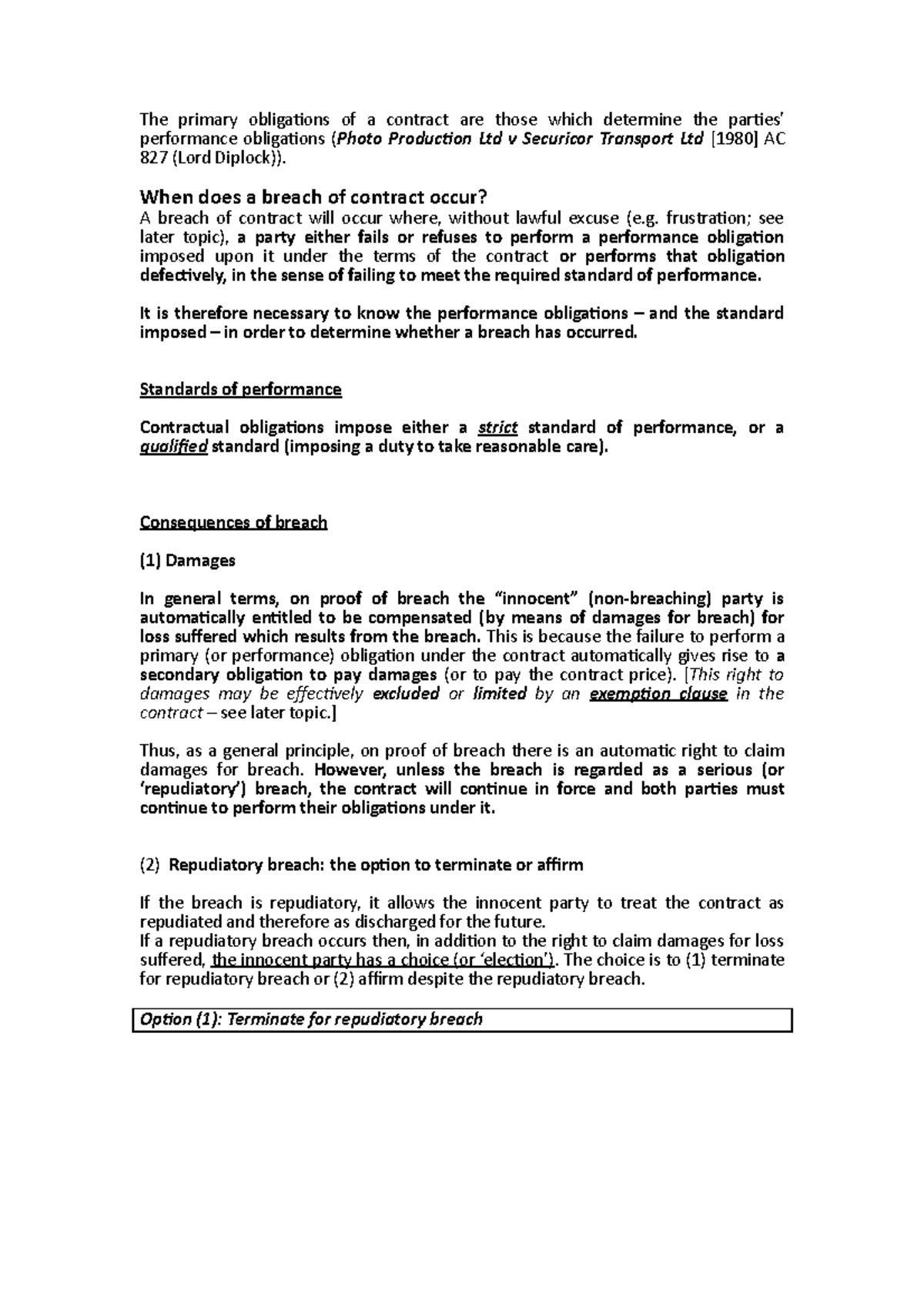 Breach Of Contract Summary The Primary Obligations Of A Contract Are
