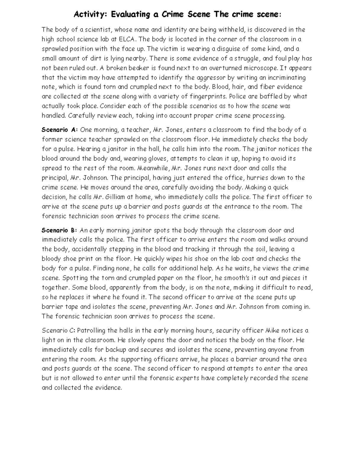 CSI Scenarios - idk - Activity: Evaluating a Crime Scene The crime ...