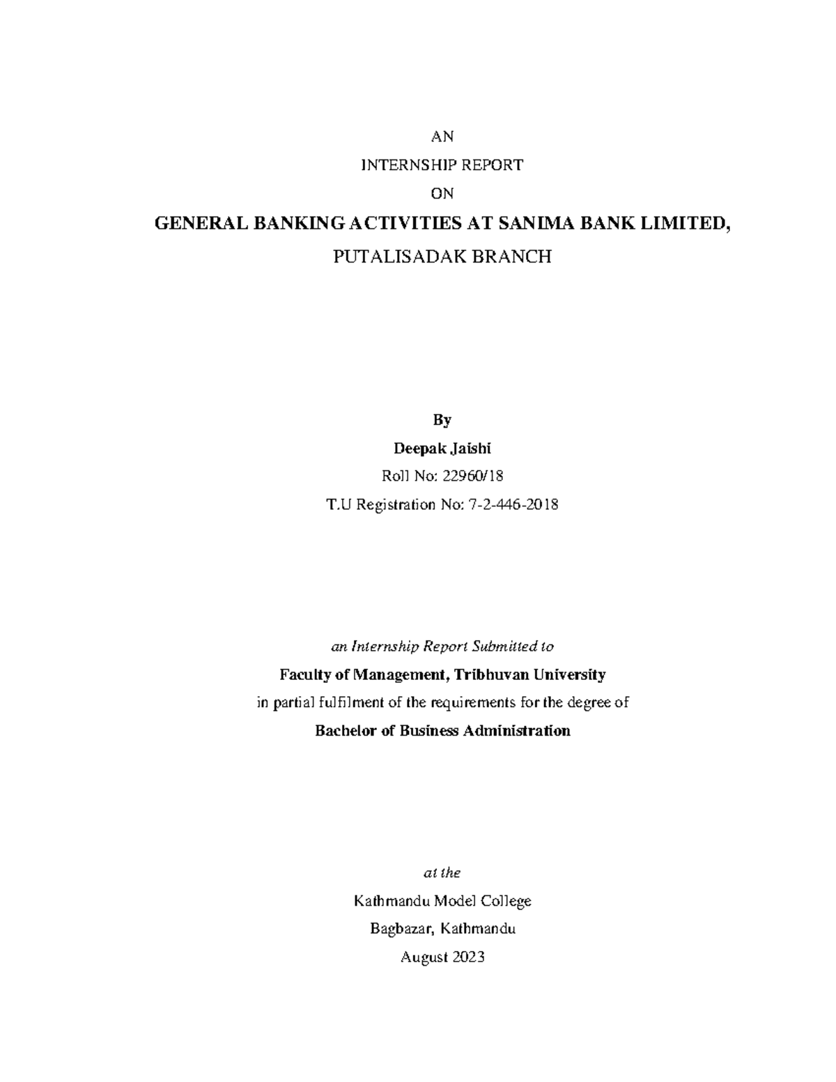 Intern Deepak (Autosaved) - AN INTERNSHIP REPORT ON GENERAL BANKING ...