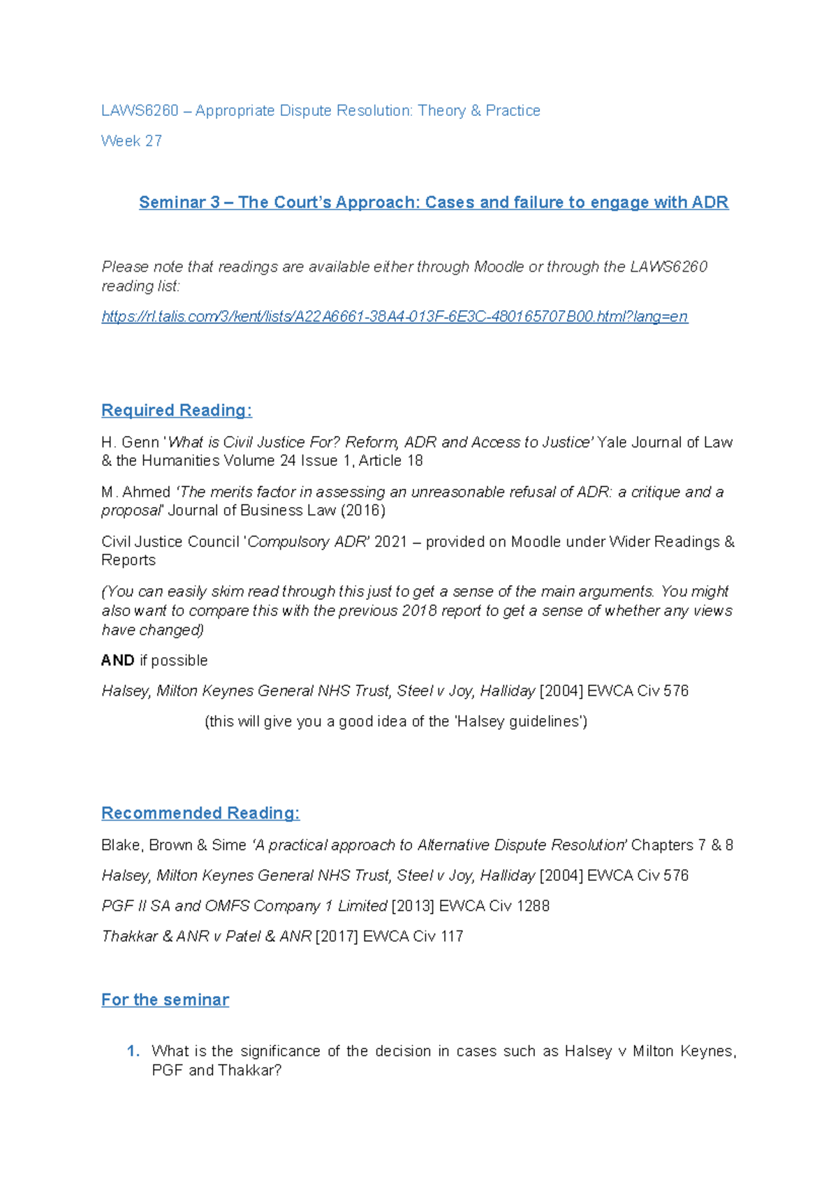 Seminar 3 - LAWS6260 – Appropriate Dispute Resolution: Theory ...