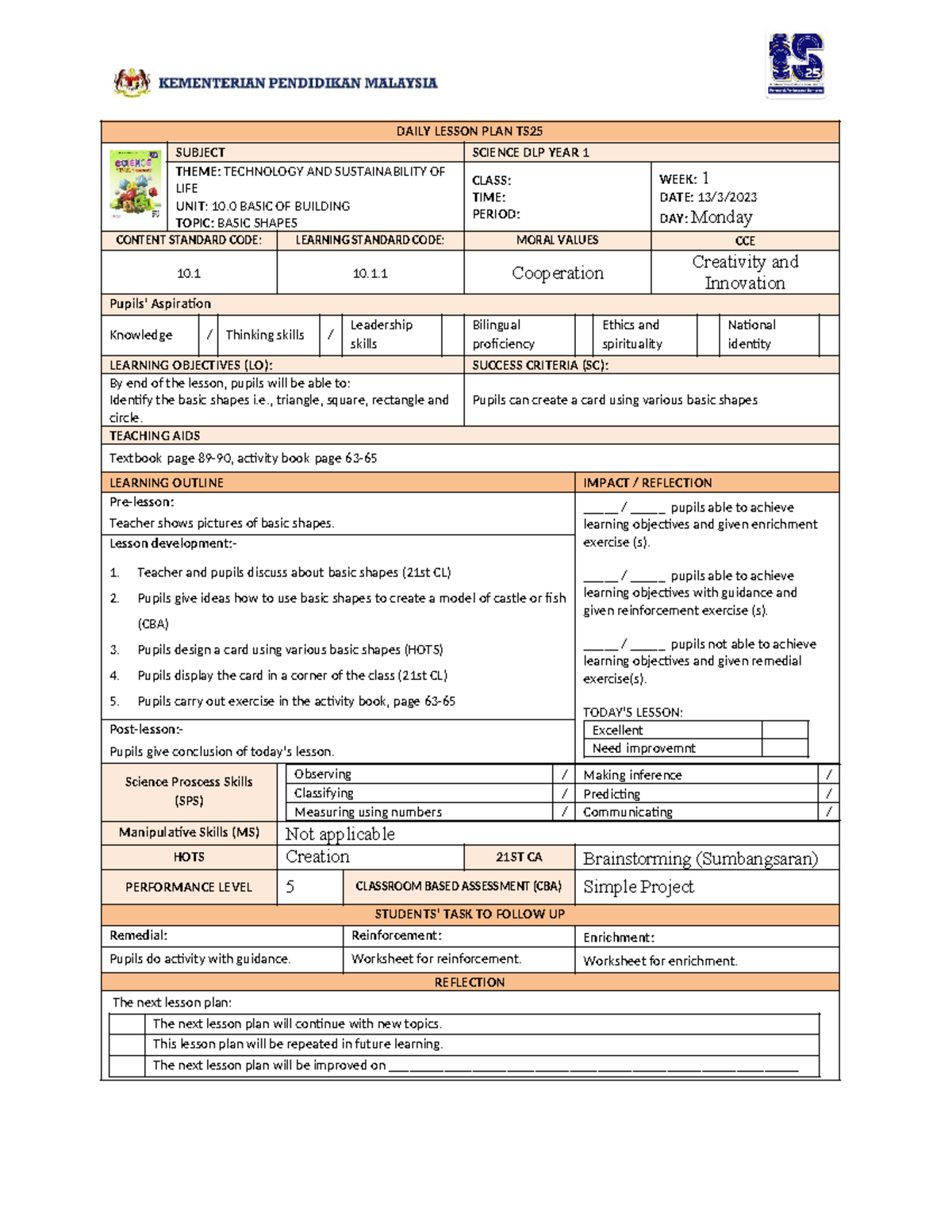SC DLP Y1 TS25 (Unit 10) - sc w3 - DAILY LESSON PLAN TS SUBJECT SCIENCE ...