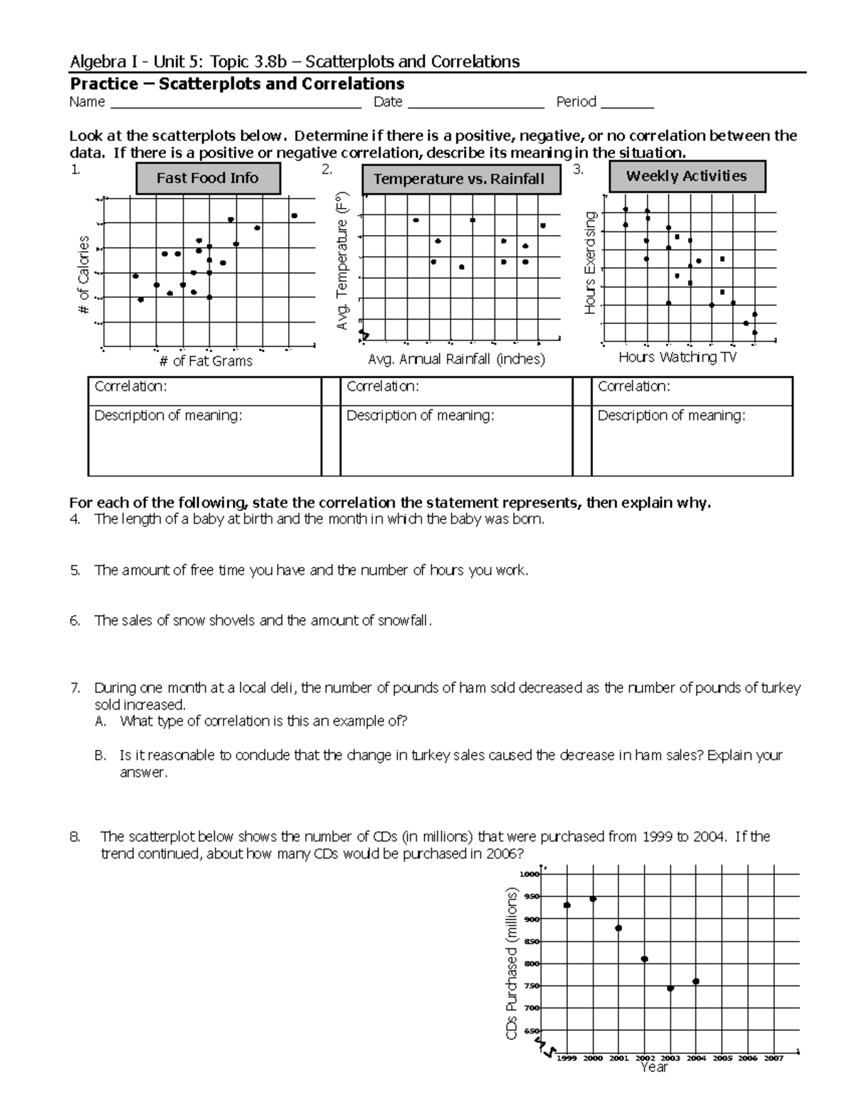 3.8b Scatterplots and Correlations HW - Algebra I - Unit 5: Topic 3 ...
