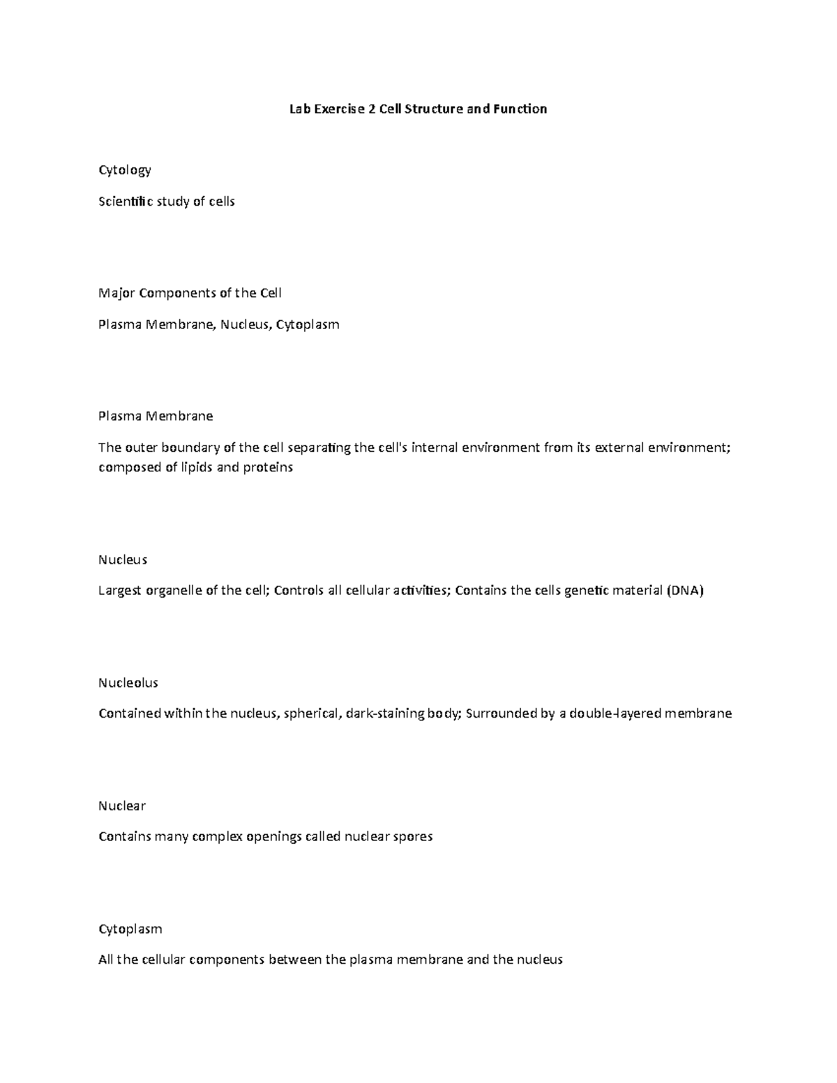 Lab Exercise 2 Cell Structure and Function - Lab Exercise 2 Cell ...
