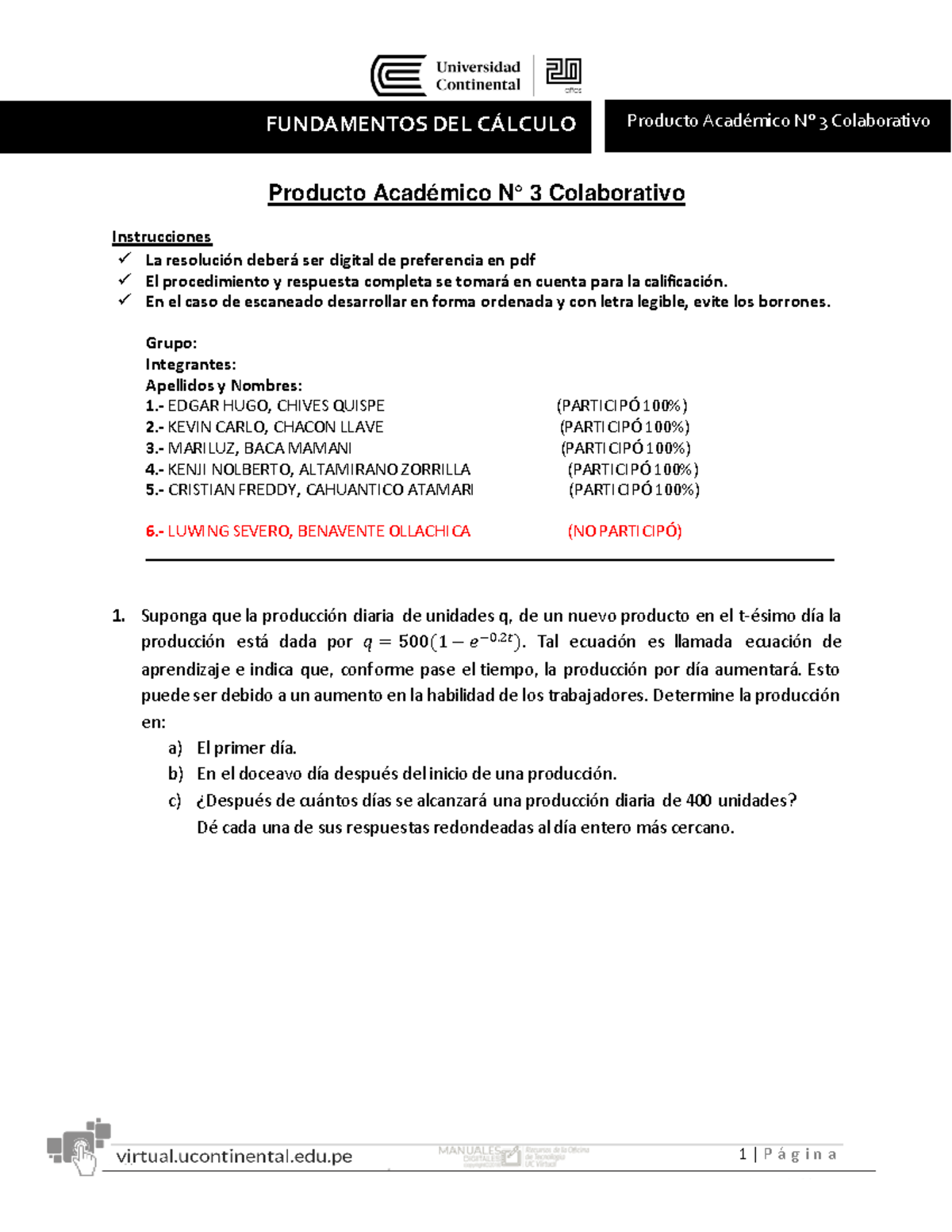 Fundamentos de calculo pa3 Grupo 1 - Producto Académico N° 3 Colaborativo Instrucciones La - Studocu