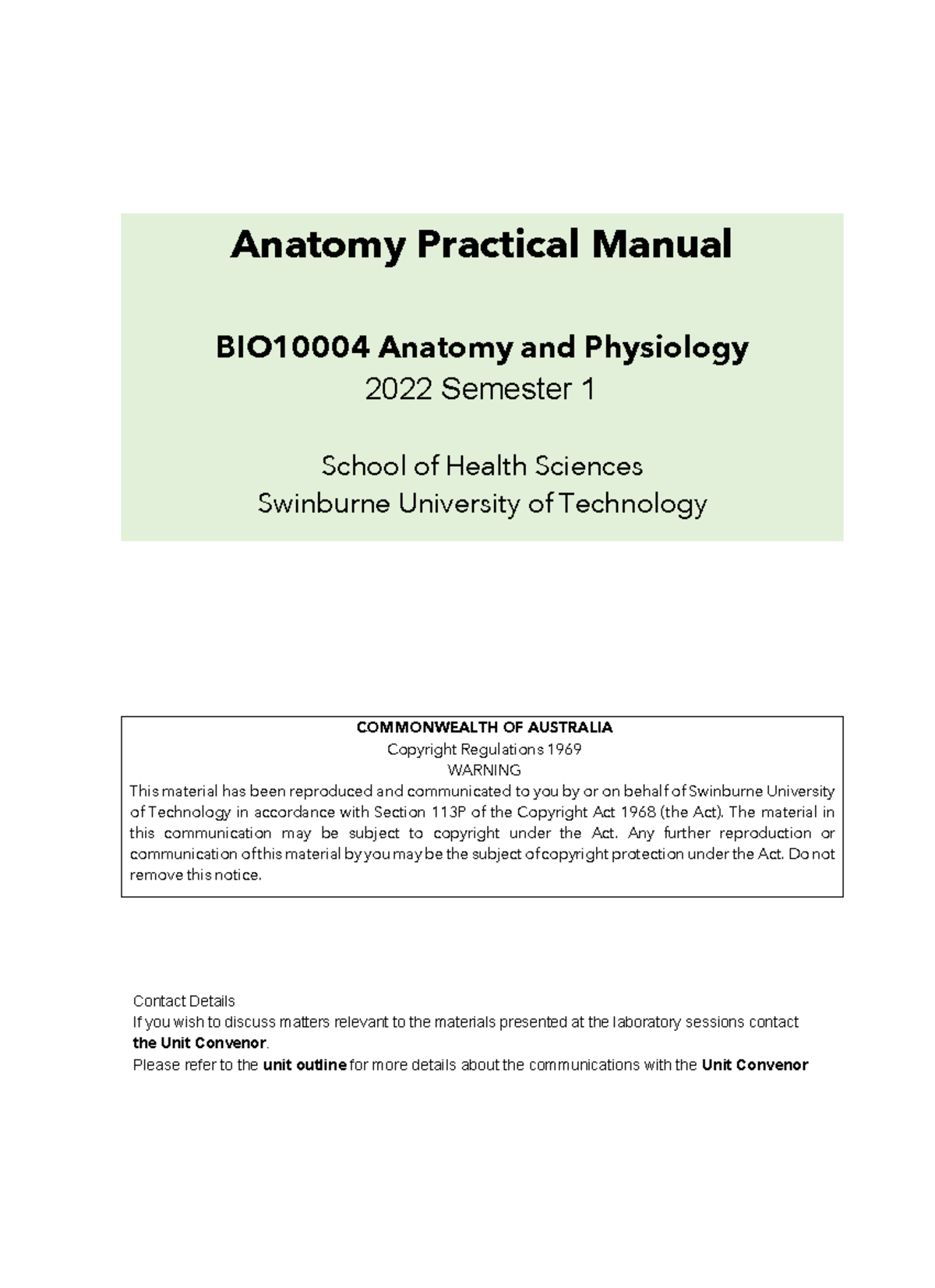 BIO10004 Anatomy Practicals Semester 1 - Anatomy Practical Manual ...