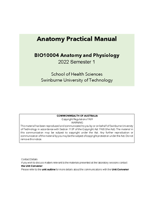 Anatomy practical - 1 - LAB MANUAL - 1 - BIO10004 - Swinburne - Studocu