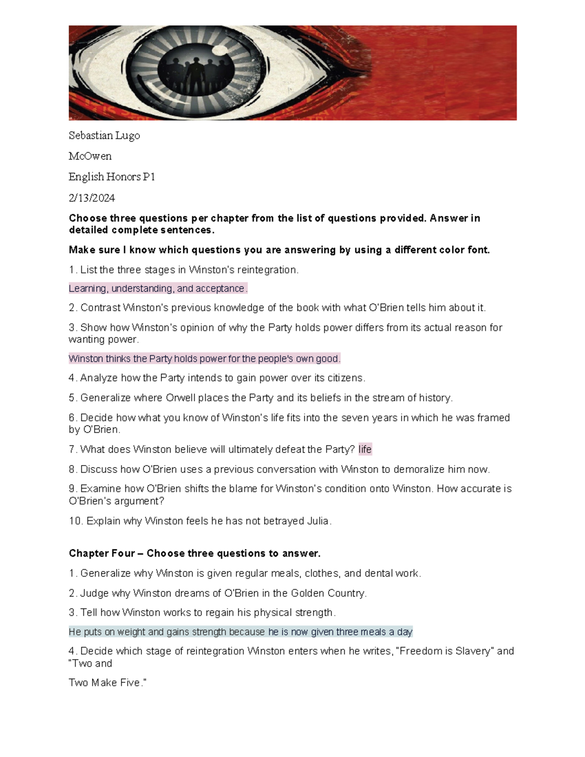 1984 part 3 Chapters 3 and 4 questions - Sebastian Lugo McOwen English ...