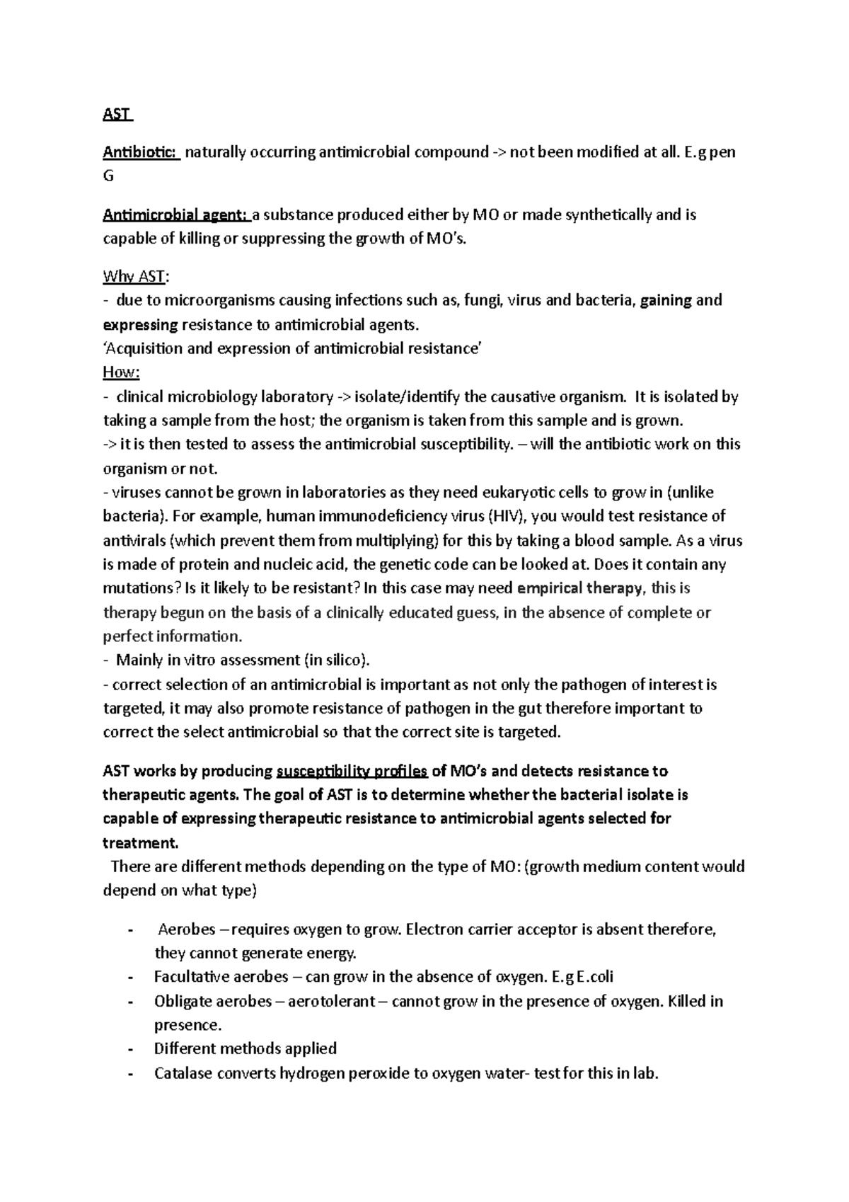 AST notes - Summary - AST Antibiotic: naturally occurring antimicrobial ...