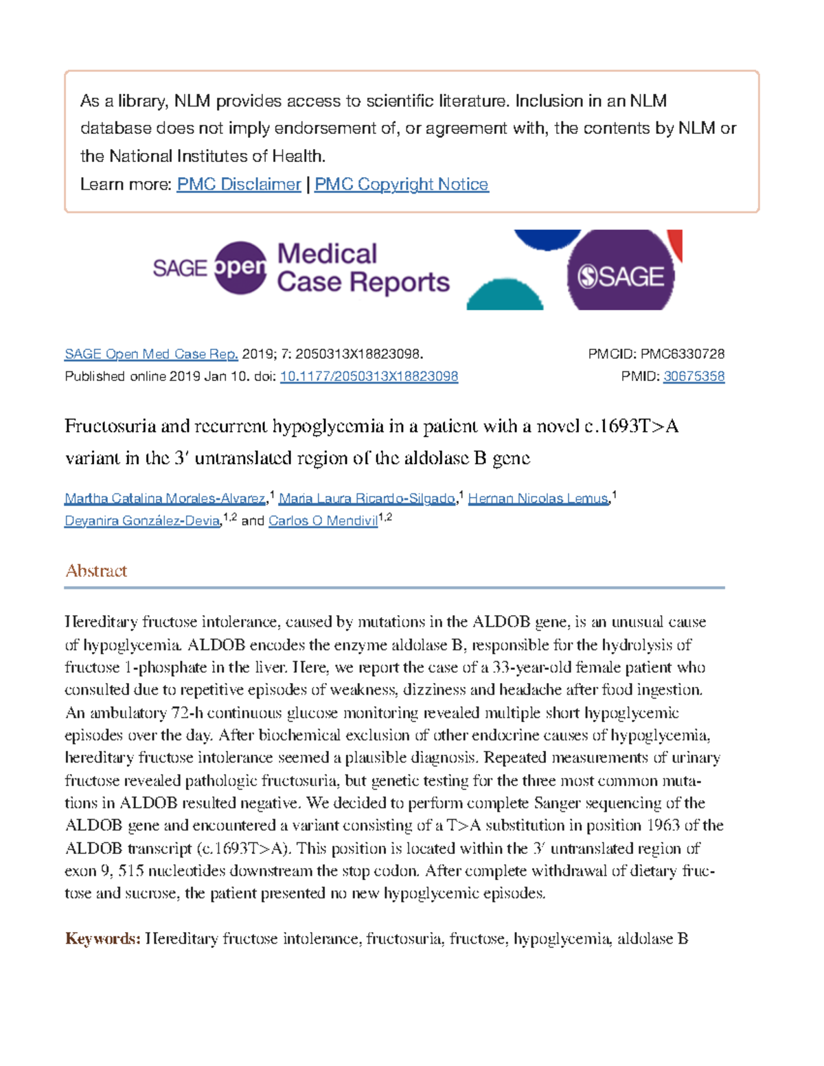 Fructosuria and recurrent hypoglycemia in a patient with a novel c ...