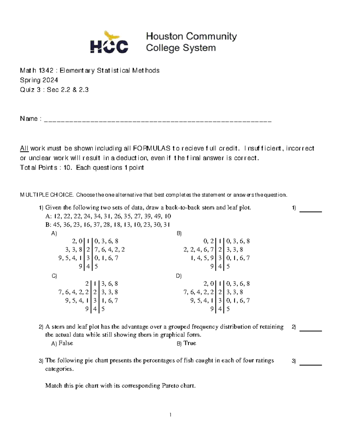 Q3 sec 2.2 and 2 - quiz - Math 1342 : Elementary Statistical Methods ...