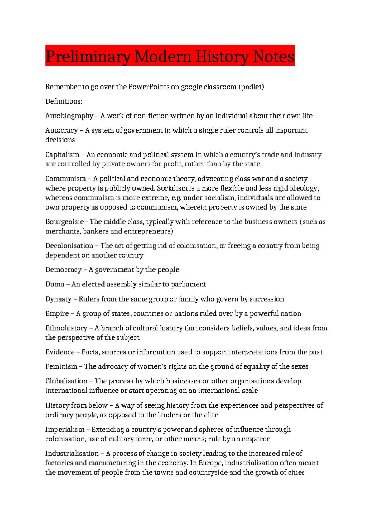 Preliminary Modern Notes - Preliminary Modern History Notes Remember to ...