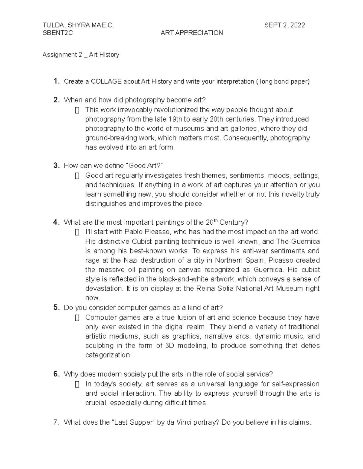 ART Appreciation- Assignment - TULDA, SHYRA MAE C. SEPT 2, 2022 SBENT2C ...