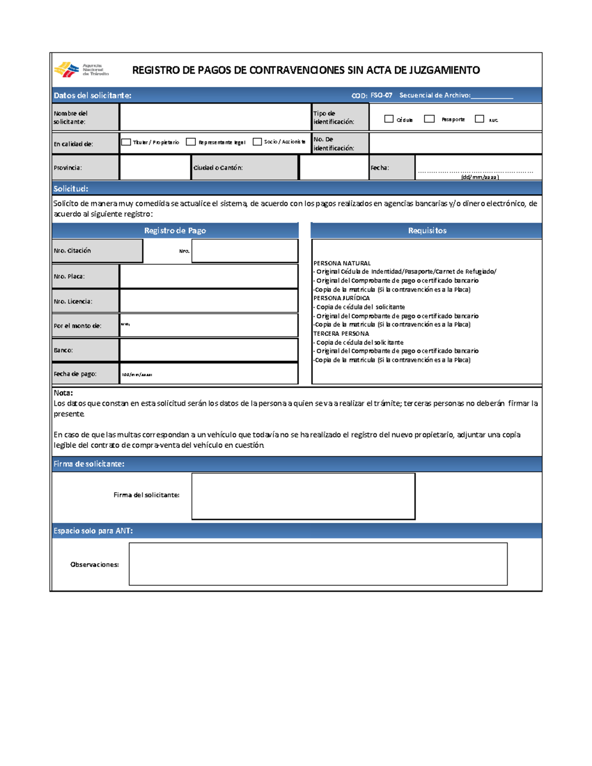 Formulario FSO 07 Pagos no registrados - COD: Nombre del solicitante ...