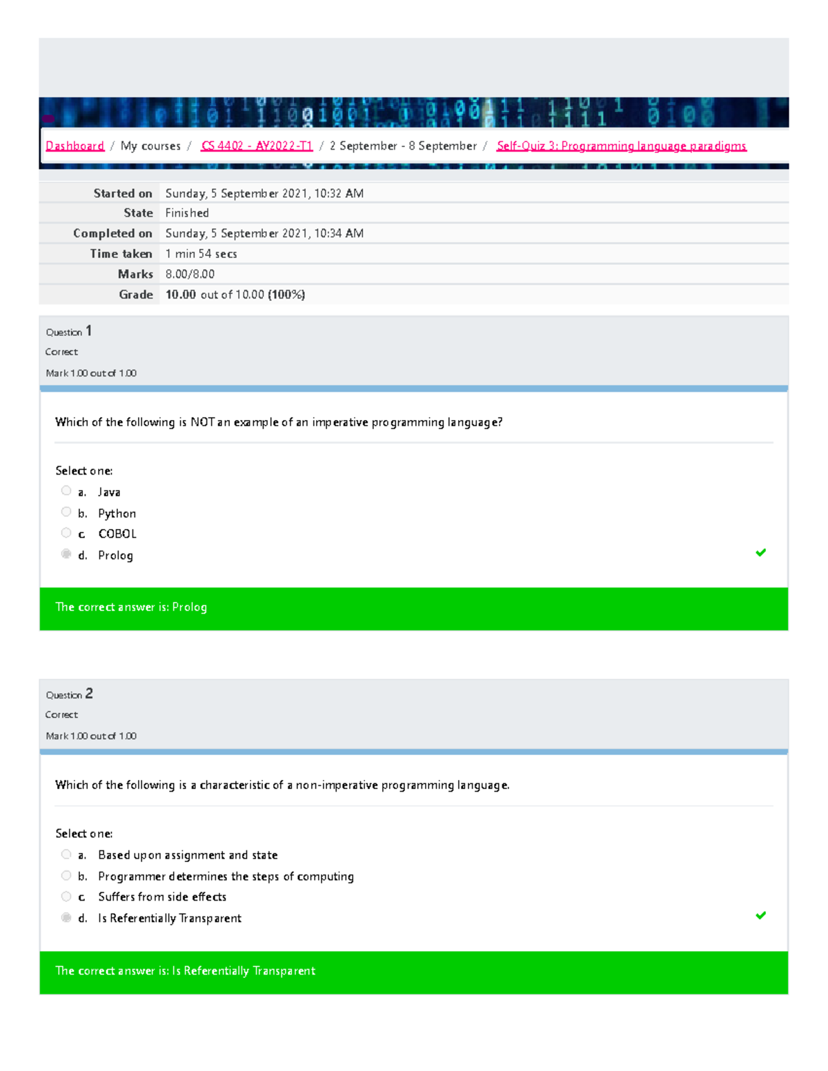 Self-Quiz 3 Programming language paradigms Attempt review - Started on Sunday, 5 September 2021 ...