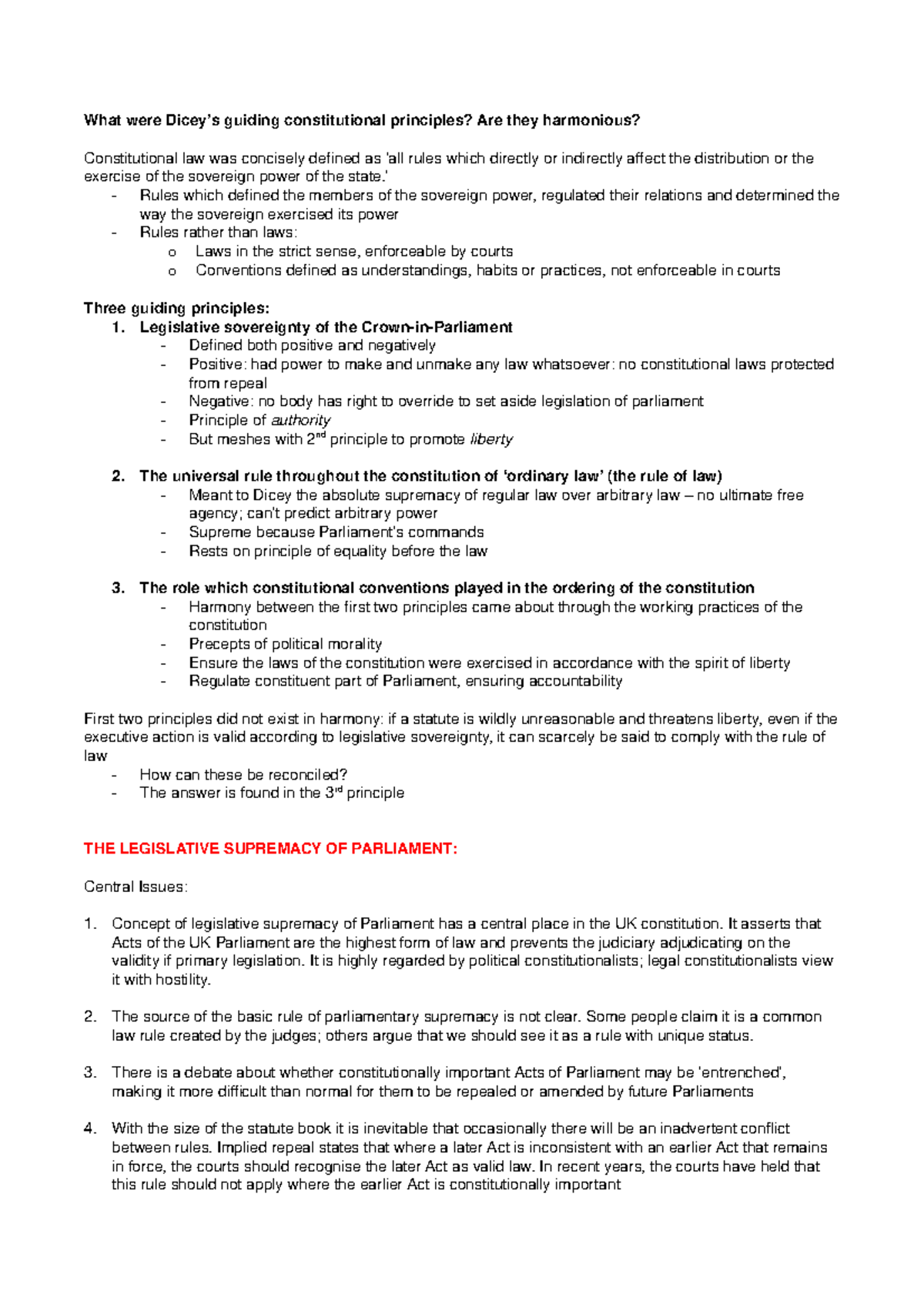 THE Legislative Supremacy OF Parliament - What were Dicey’s guiding ...