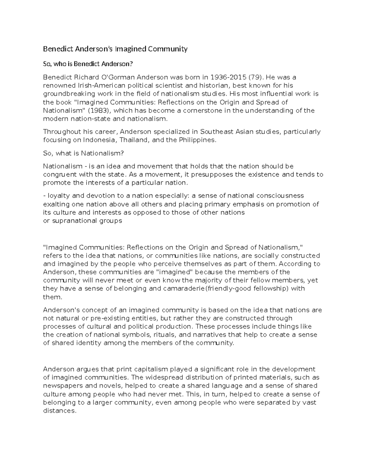 Benedict- Anderson- Report - Benedict Anderson’s Imagined Community So ...