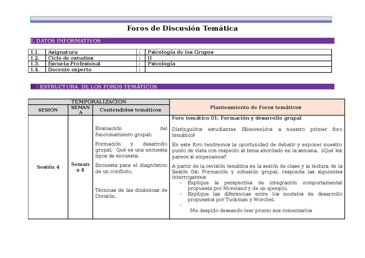 FORO Temático Sesión 04 - Foros de Discusión Temática I. DATOS ...
