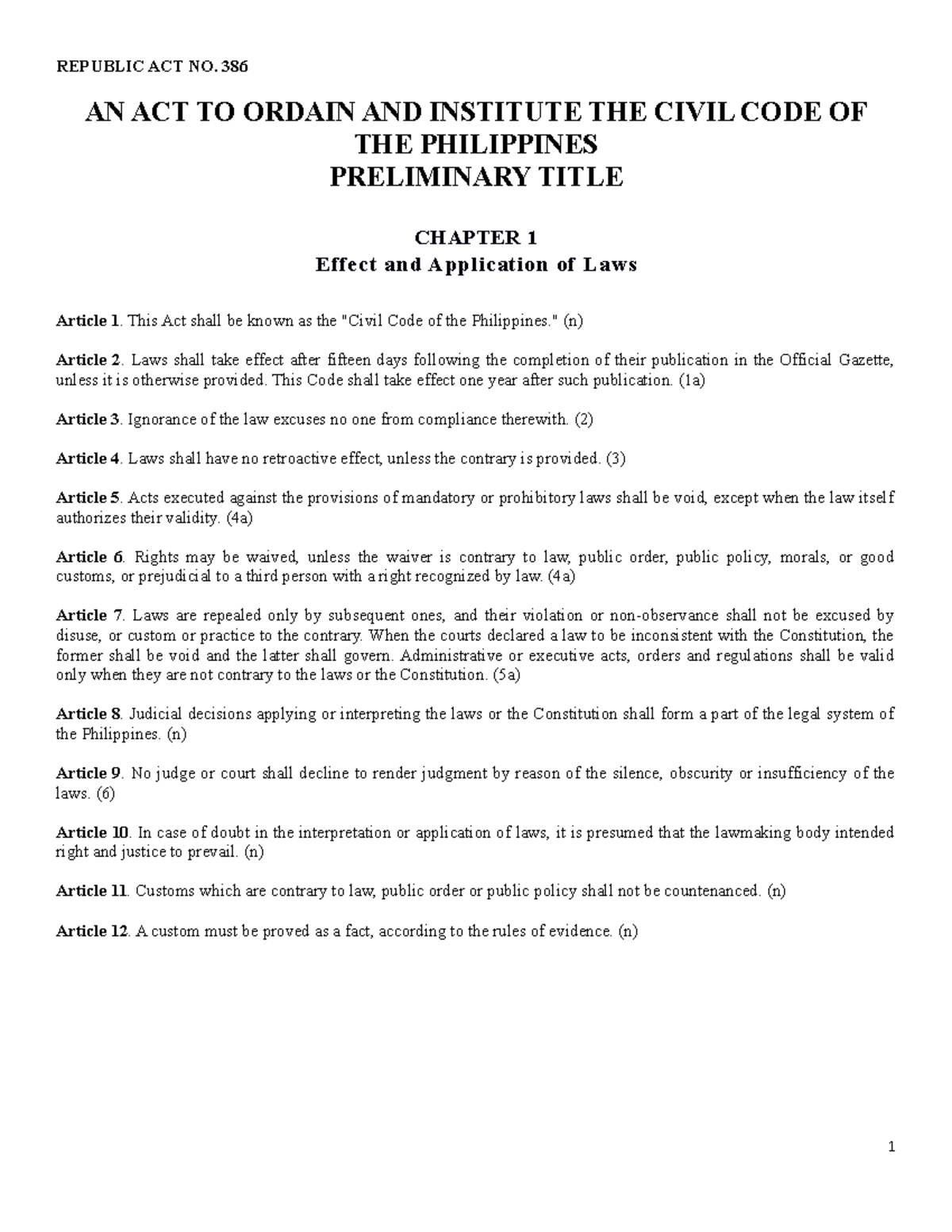 Civil Code of the Philippines - REPUBLIC ACT NO. 386 AN ACT TO ORDAIN ...