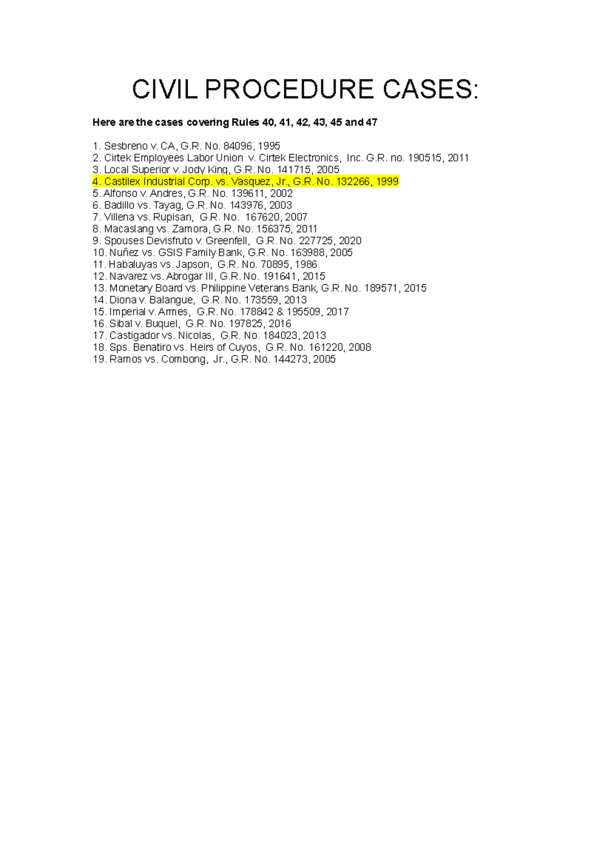 1. Civil Procedure Cases - CIVIL PROCEDURE CASES: Here are the cases ...