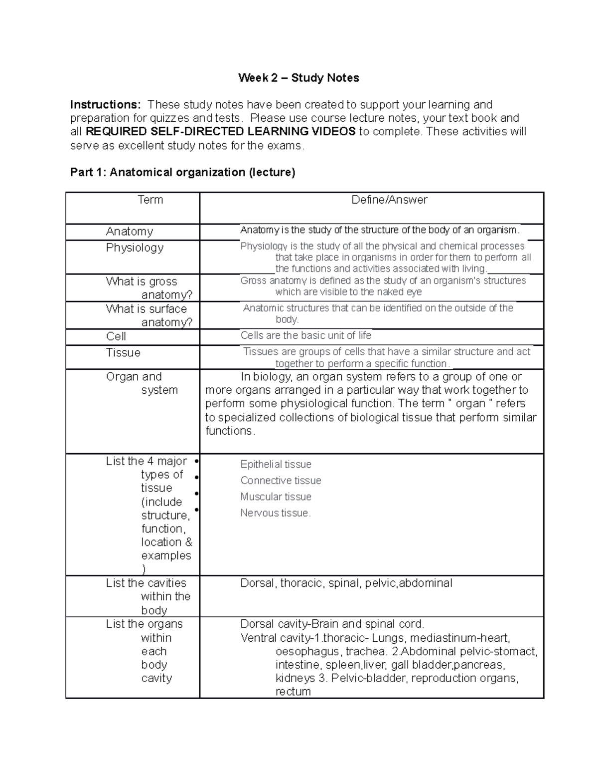 Study notes week 2 2016 (4) - Week 2 – Study Notes Instructions: These ...