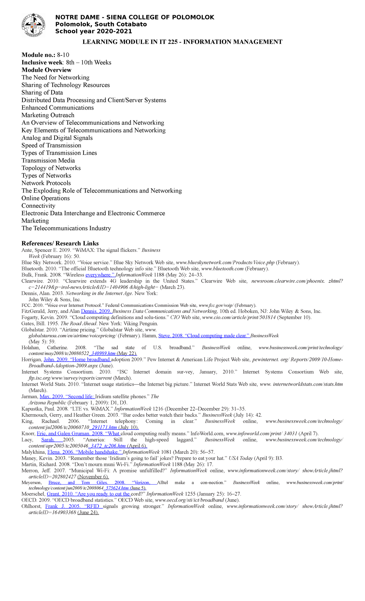 IT 225 Module 8 10 WEEK 8 10 - LEARNING MODULE IN IT 225 - INFORMATION ...