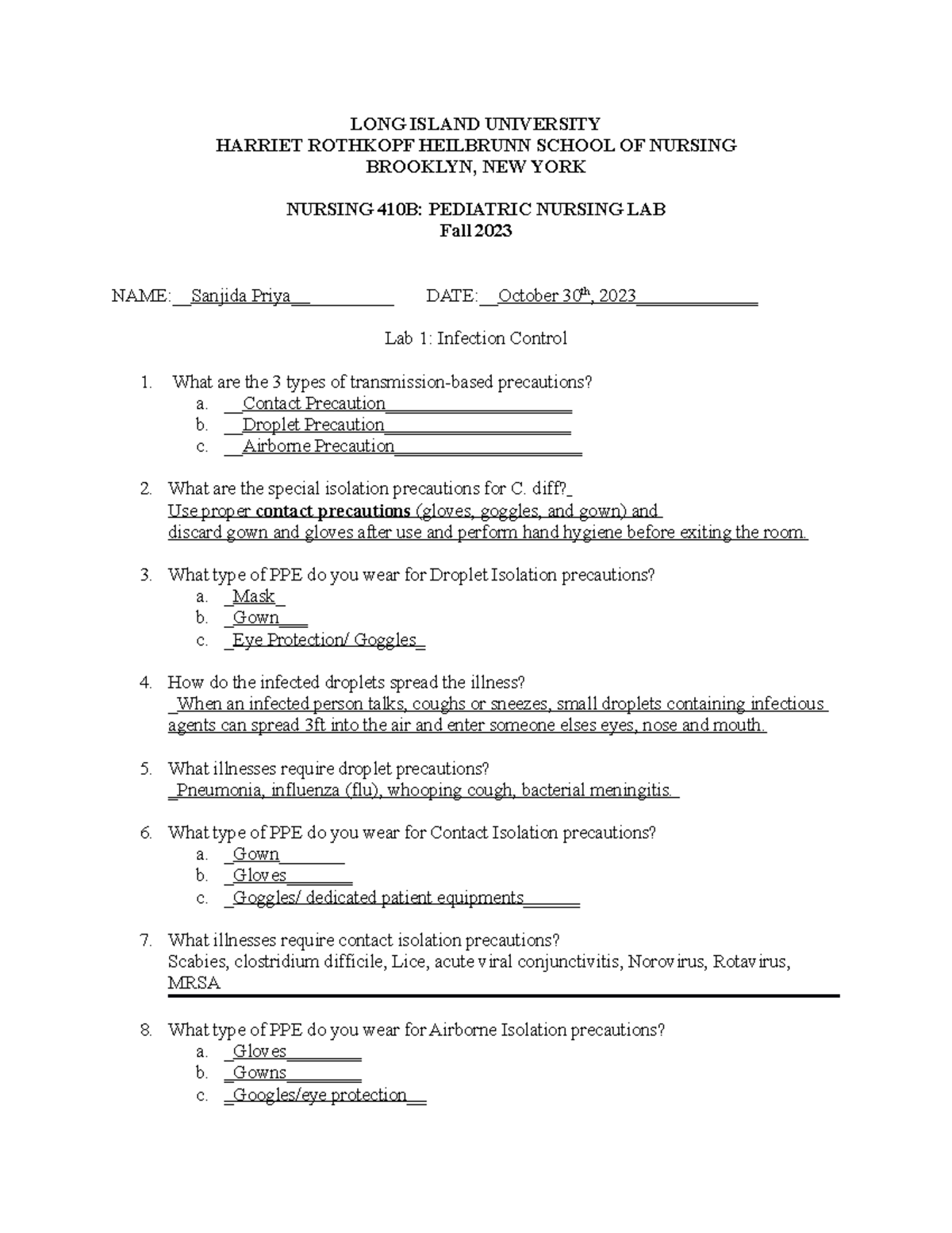 Peds Lab Sheet 1 PPE - LONG ISLAND UNIVERSITY HARRIET ROTHKOPF ...