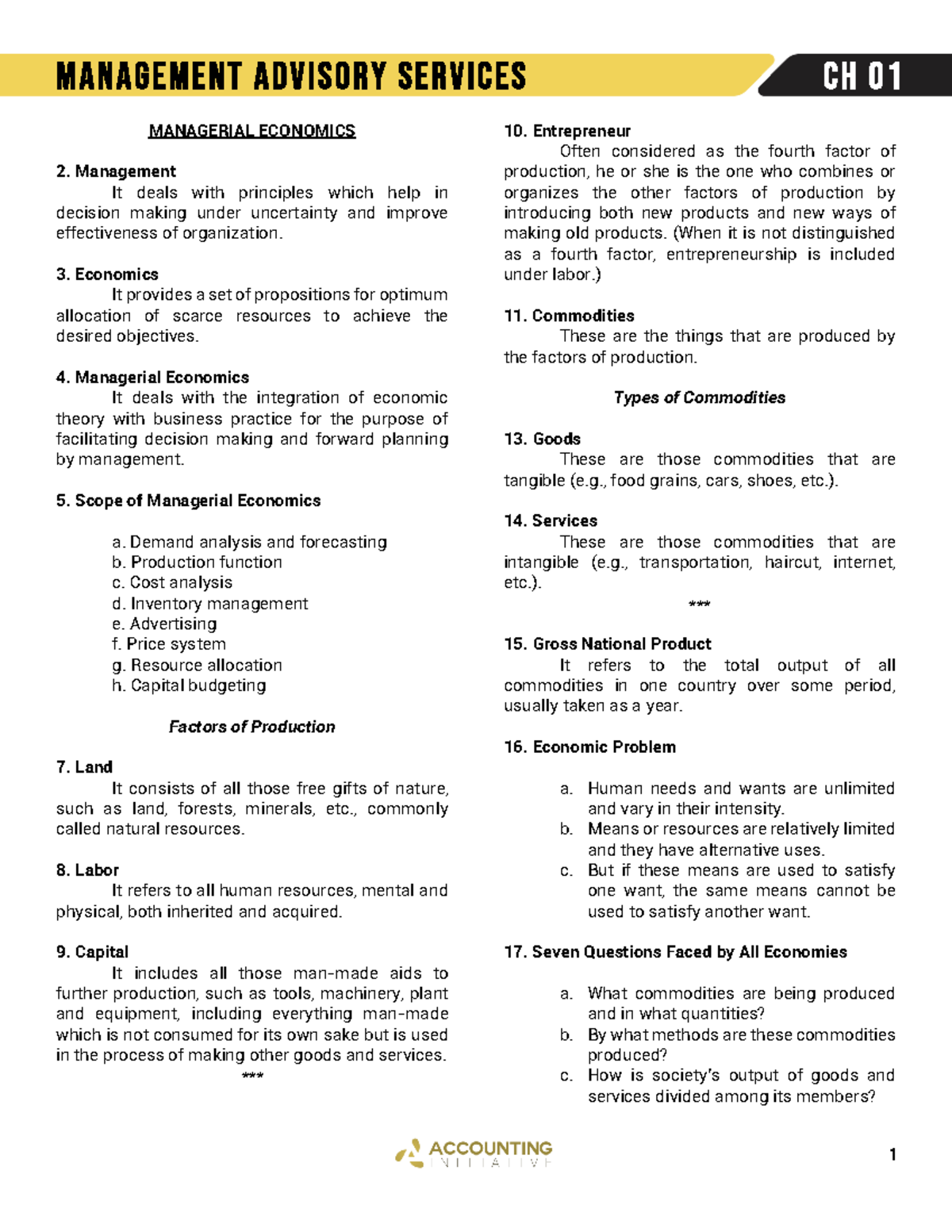 Management Advisory Services - Chapter 01 - MANAGERIAL ECONOMICS 2 ...
