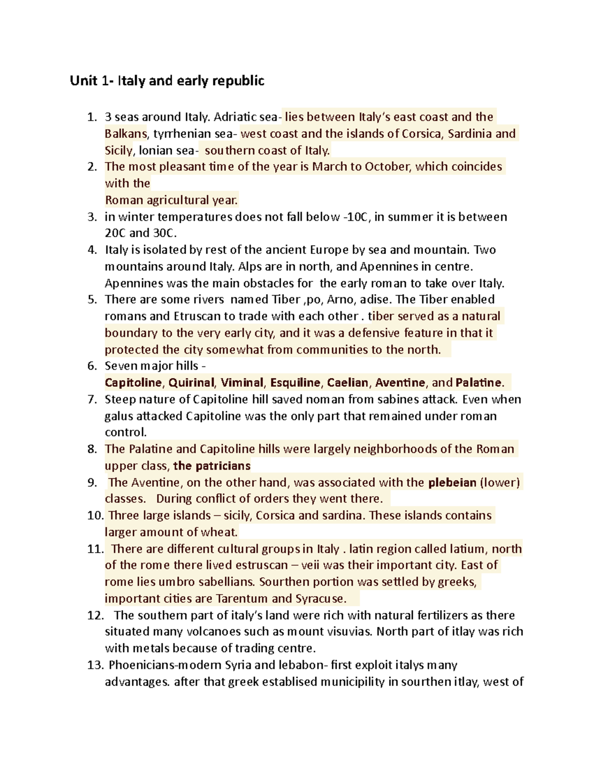 Final exam notes - Unit 1- Italy and early republic 3 seas around Italy ...