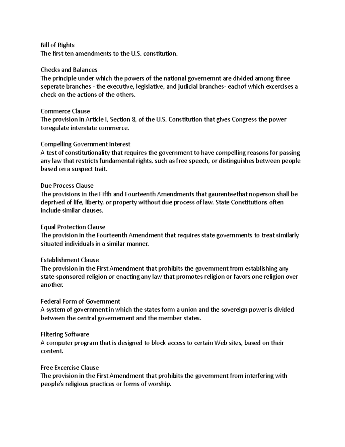 Chapter 4 terms - Bill of Rights The first ten amendments to the U ...