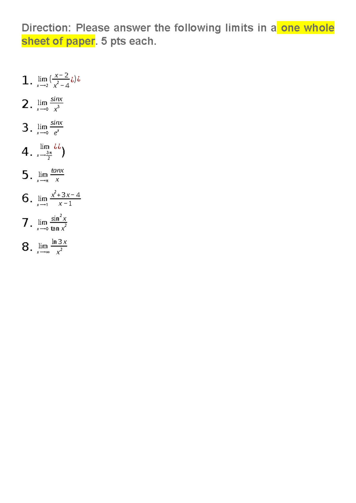 Activity 1 Limits - BSED - Math - Direction: Please answer the ...