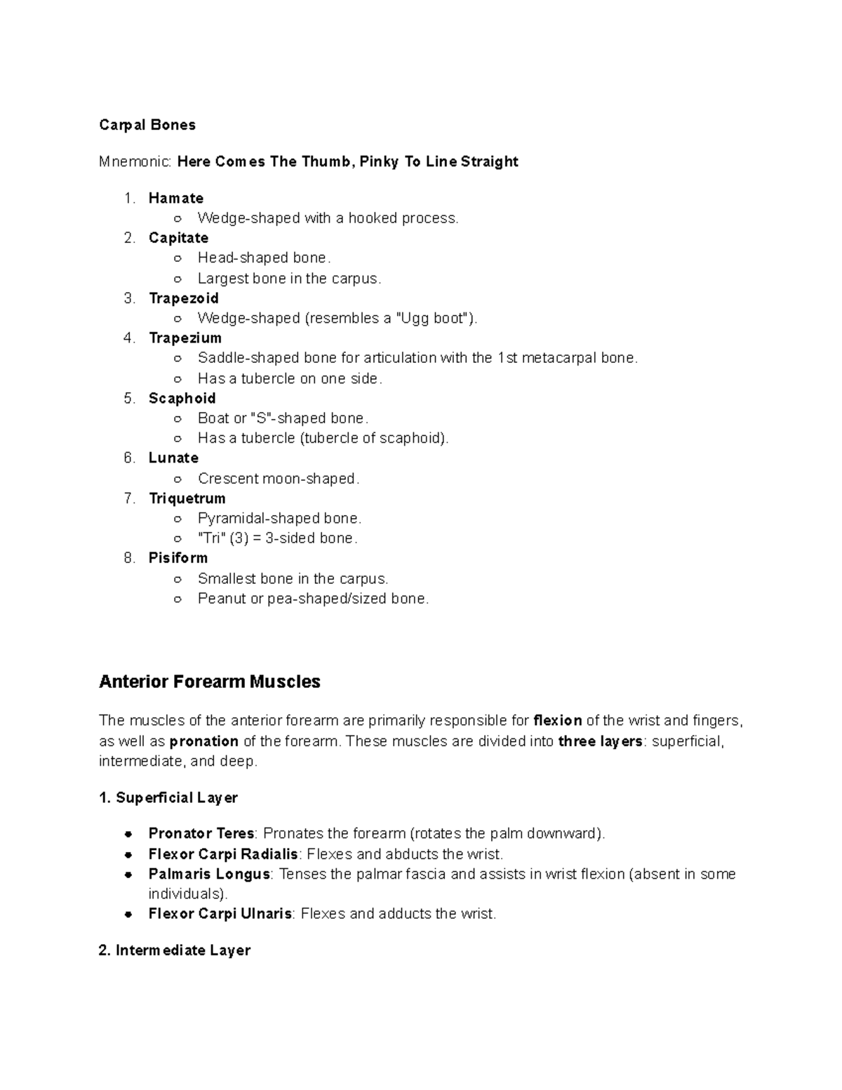Carpal Bones, Anterior Forearm Muscles and Hand Notes - Carpal Bones ...
