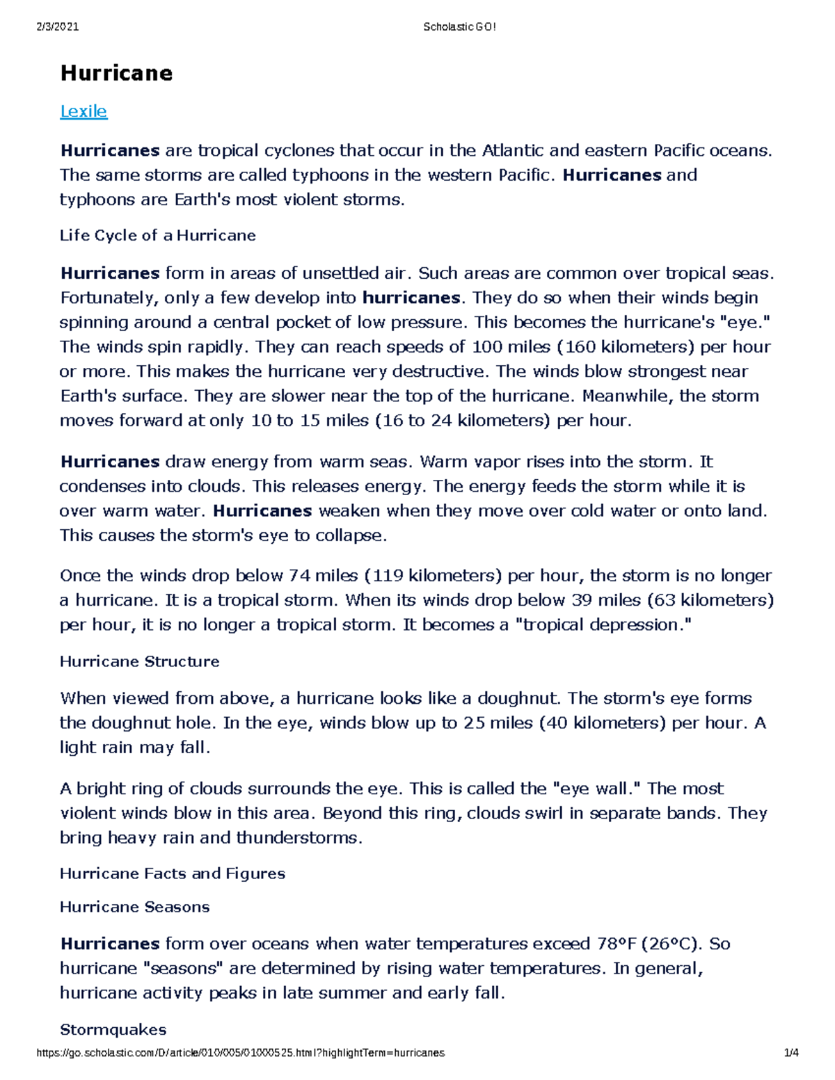 Scholastic GO - HEHEHEH - Hurricane Lexile Hurricanes are tropical ...