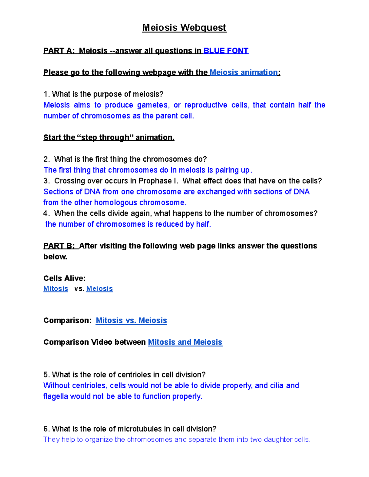 Meiosis Mitosis Webquest 2023 - Meiosis Webquest PART A: Meiosis ...