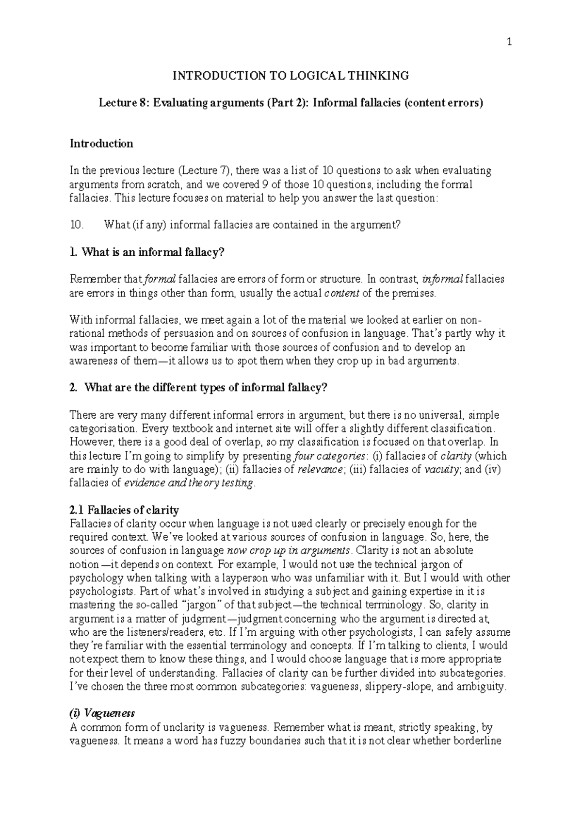 Logic Lect 8 Lecture Notes Introduction To Logical Thinking Lecture 8 Evaluating Arguments 6943