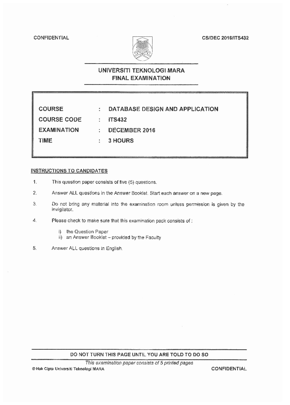 ICT450 DEC16 - past year question - CONFIDENTIAL UNIVERSITI TEKNOLOGI ...