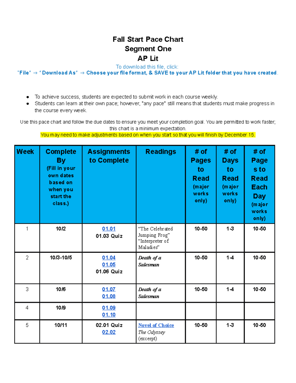 AP Lit Fall Seg1 Pace Chart - Fall Start Pace Chart Segment One AP Lit ...