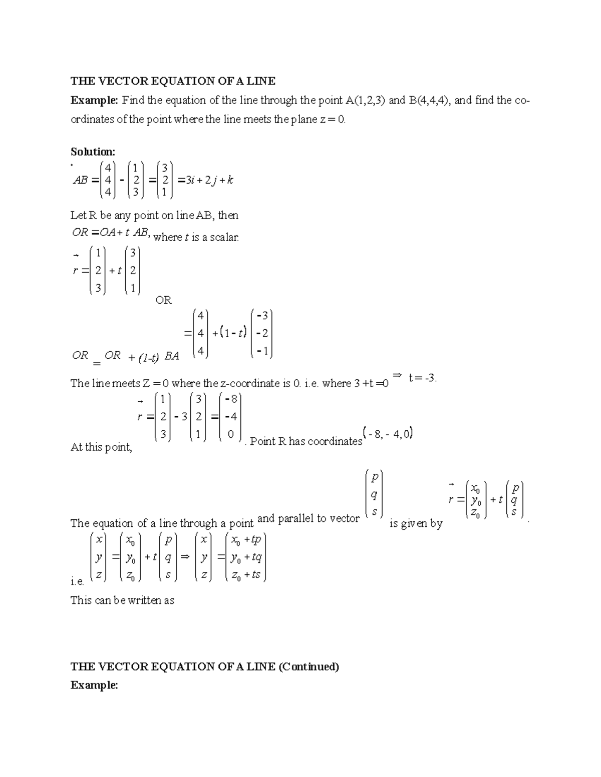 WEEK 13 14 THE Vector Equation OF A LINE - THE VECTOR EQUATION OF A ...