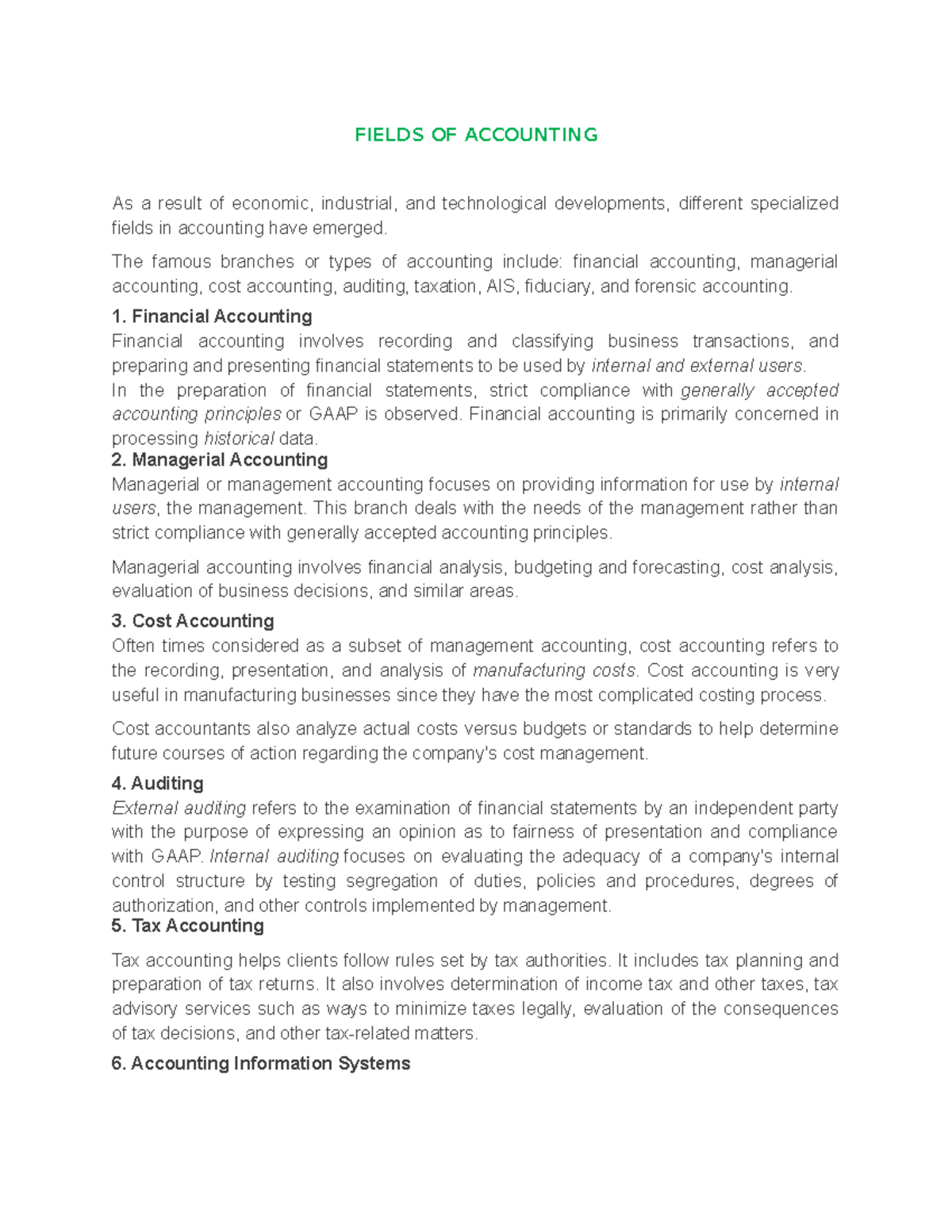 Fields OF Accounting - FIELDS OF ACCOUNTING As a result of economic ...