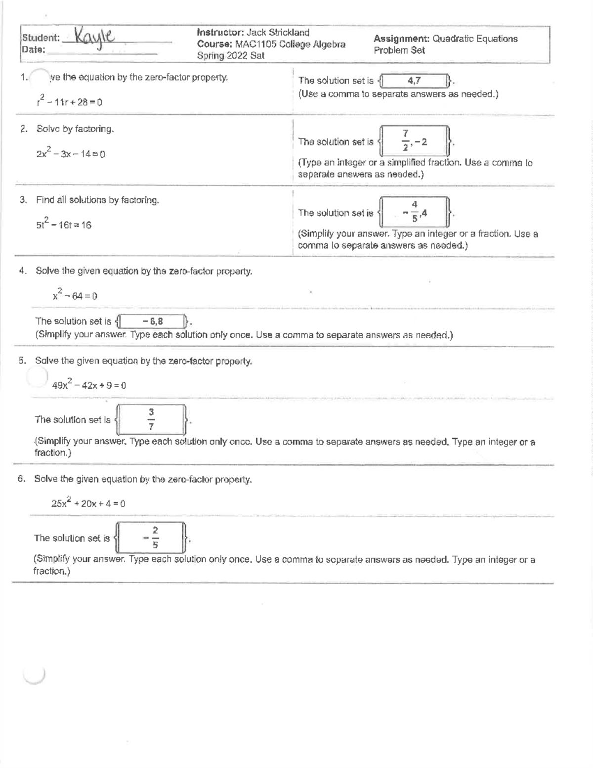 MAC1105 Quadratic Equations Problem Set - MAC 1105 - Studocu