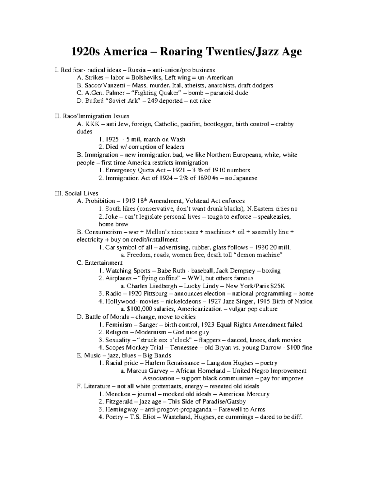 Outline 211920 s - Summarized notes for Chapter 21 - 1920s America ...
