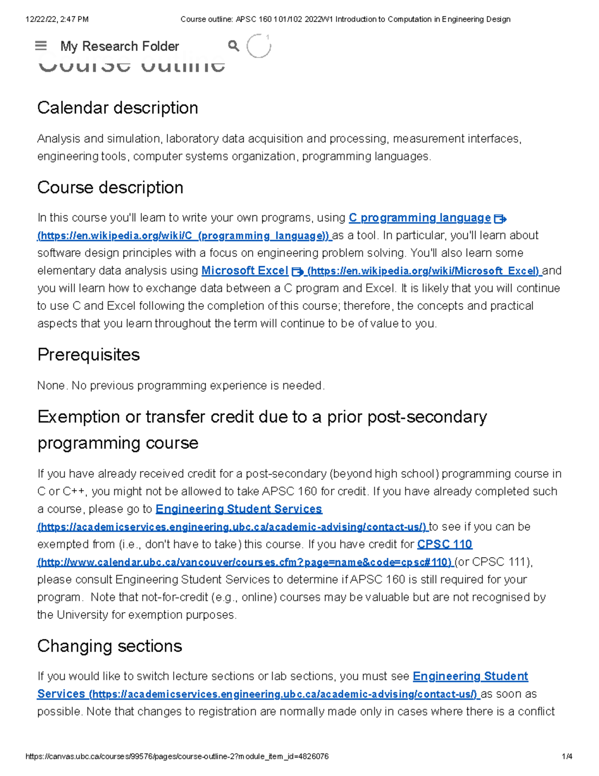 Course outline APSC 160 101 102 2022W1 Introduction to Computation in Engineering Design ...