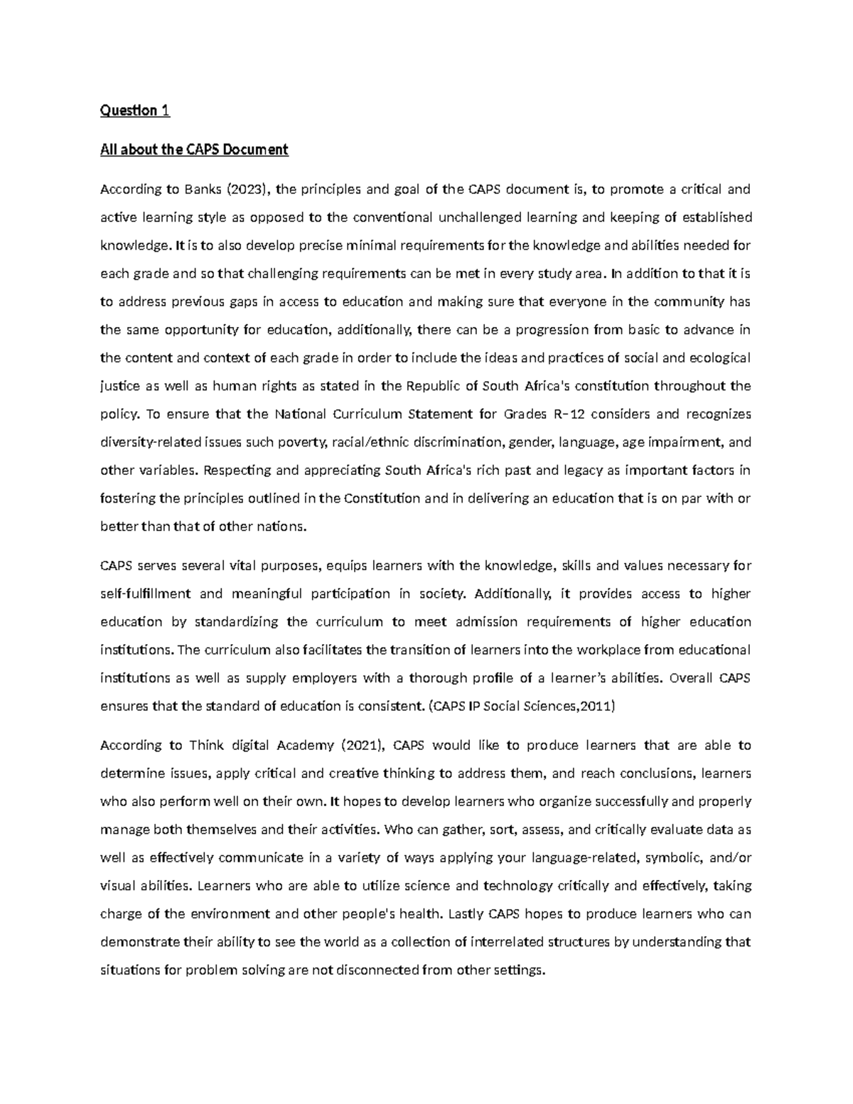 Assignment 1 IPTL - Question 1 All about the CAPS Document According to ...