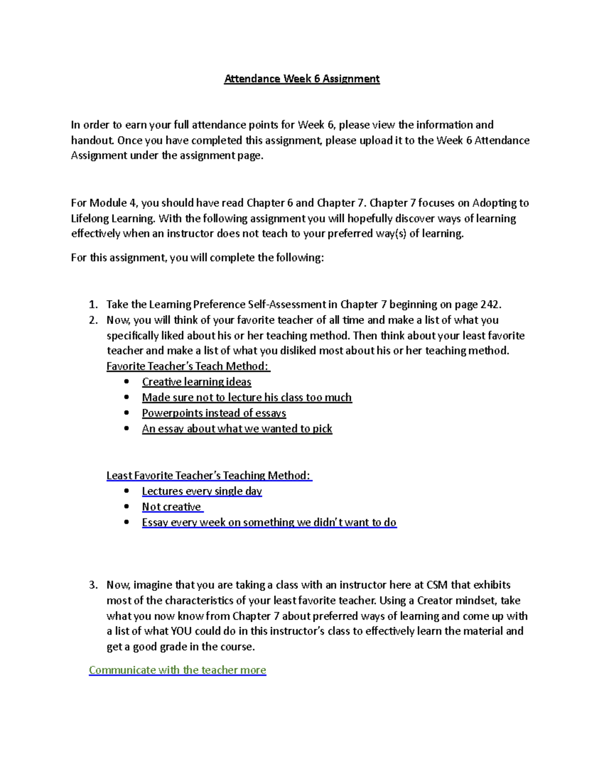 Week 6 Attendance - Attendance Week 6 Assignment In order to earn your ...