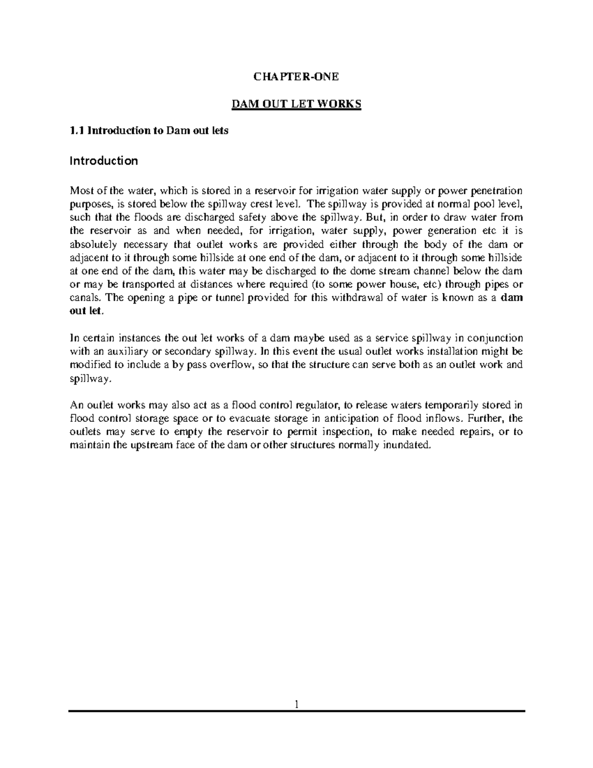 Lecturenote 1280438898 HS-II, CH-1 (Dam Outlet Works) - CHAPTER-ONE DAM ...